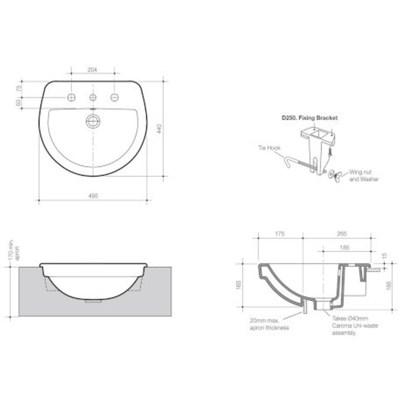 Caroma Cosmo Semi Recessed Basin 500mm X 440mm 1 Tap Hole White
