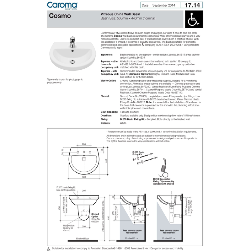 Caroma Cosmo Wall Basin 500mm X 440mm 1Th White