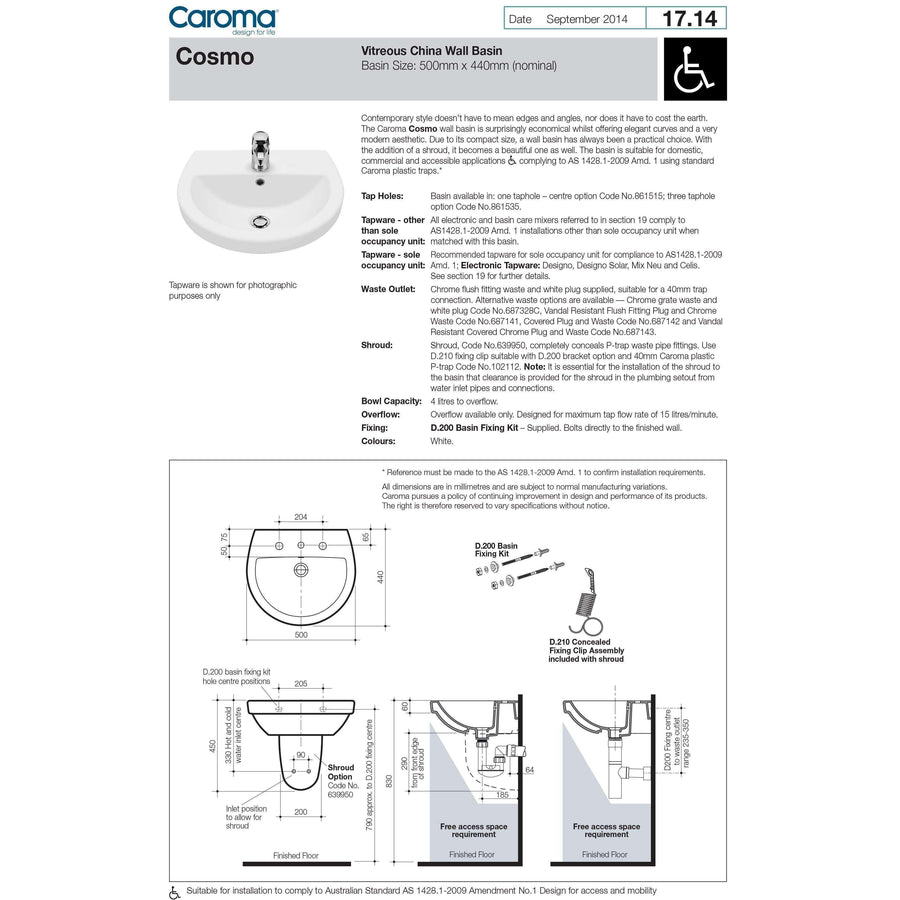 Caroma Cosmo Wall Basin 500mm X 440mm 1Th White