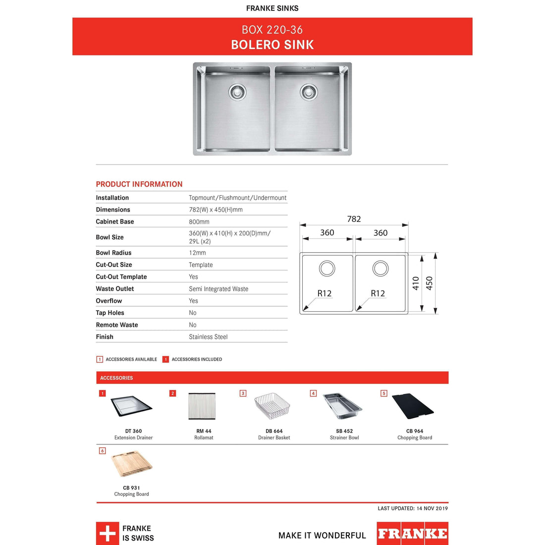 Franke Bolero Double Bowl Sink Inc Dt360 Rm44 Box220-36